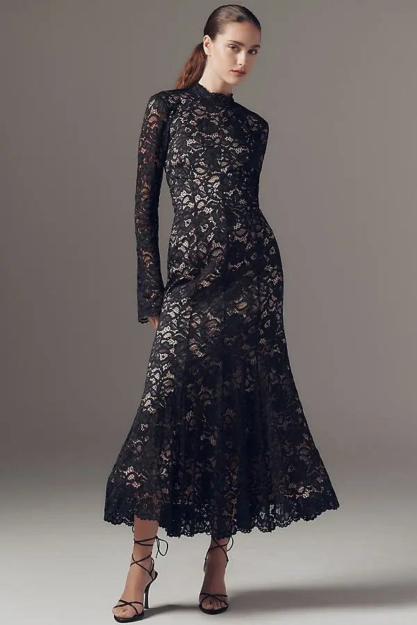 Bhldn Mock-Neck Lace Midi Dress In Black - 32% Off | Editorialist