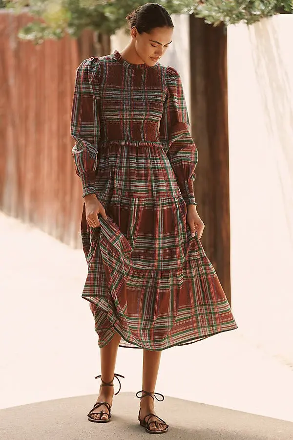 RO'S GARDEN Ivy Plaid Tiered Maxi Dress - Brown Plaid