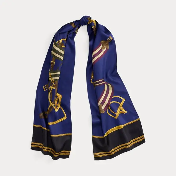 Ralph Lauren Belting-print Color-blocked Silk Scarf - Navy