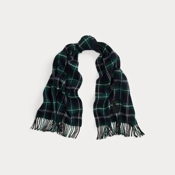 Ralph Lauren Beaded Big Pony Plaid Wool Scarf - Navy