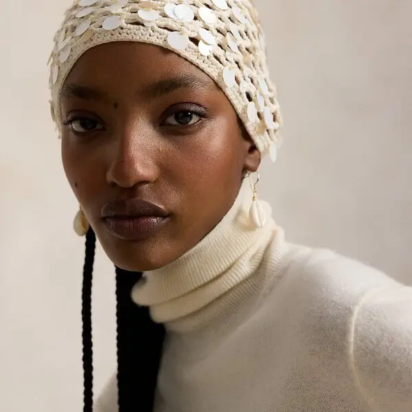 Ralph Lauren Sequined Crochet Beanie - Cream