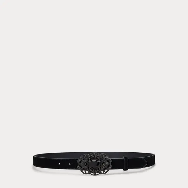 Ralph Lauren Stone-buckle Suede Skinny Belt - Black