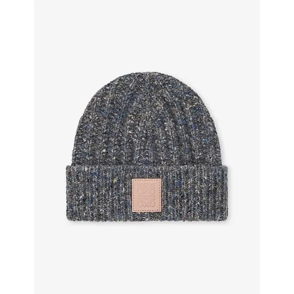 Loewe Logo-patch Wool-cashmere Blend Beanie - Grey/blue Melange