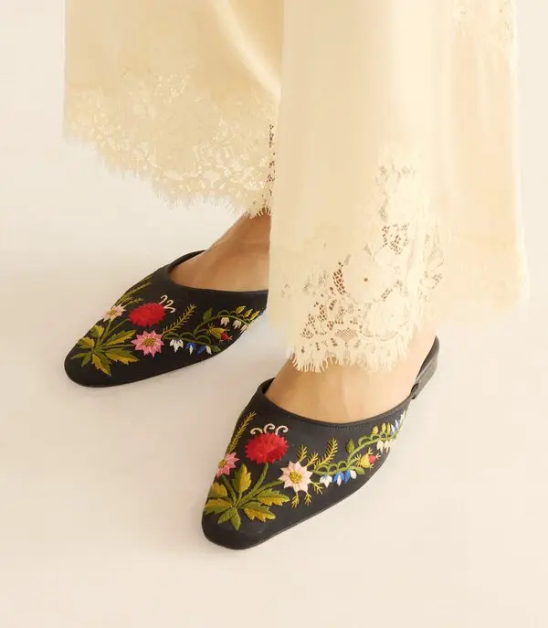 DÔEN Wren Mule - Embroidered Black Satin