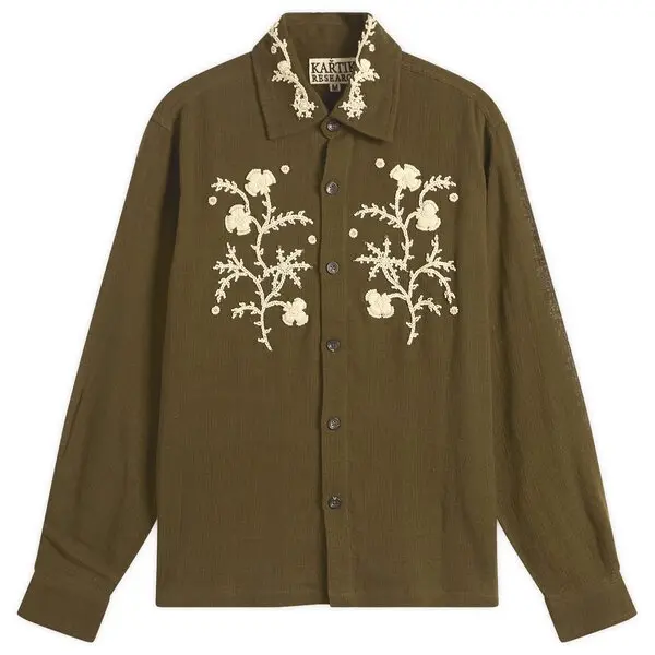 KARTIK RESEARCH Embroidered Western Shirt - Olive/ecru