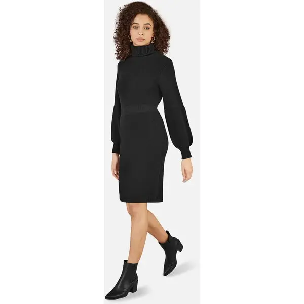 YUMI Roll Neck Knitted Dress With Balloon Sleeves