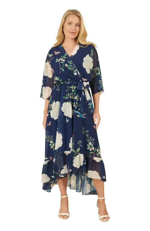 YUMI Bird And Floral Print Midi Wrap Dress - Navy