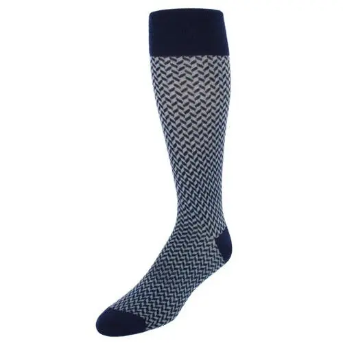Trafalgar Benoit Herringbone Patterned Merino Wool Socks - Navy Blue And Grey