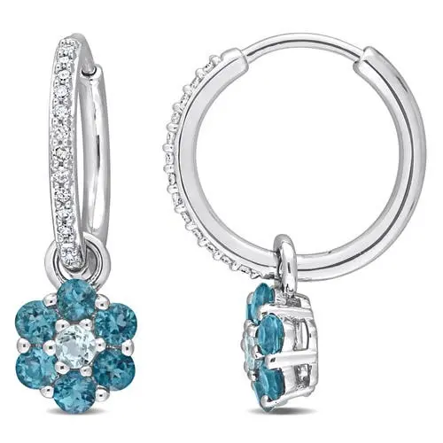 JULIANNA B. 10k Gold Gemstone And Diamond Floral Drop Huggie Earrings - Blue Topaz/white Gold