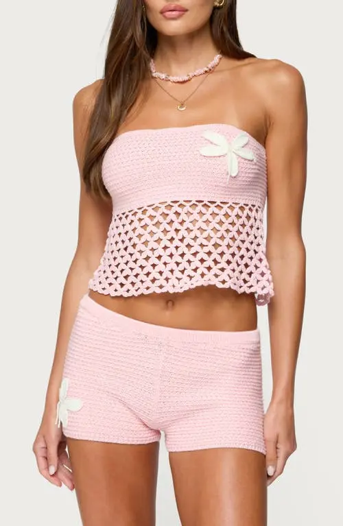 EDIKTED Tahna Flower Crochet Strapless Top - Pink