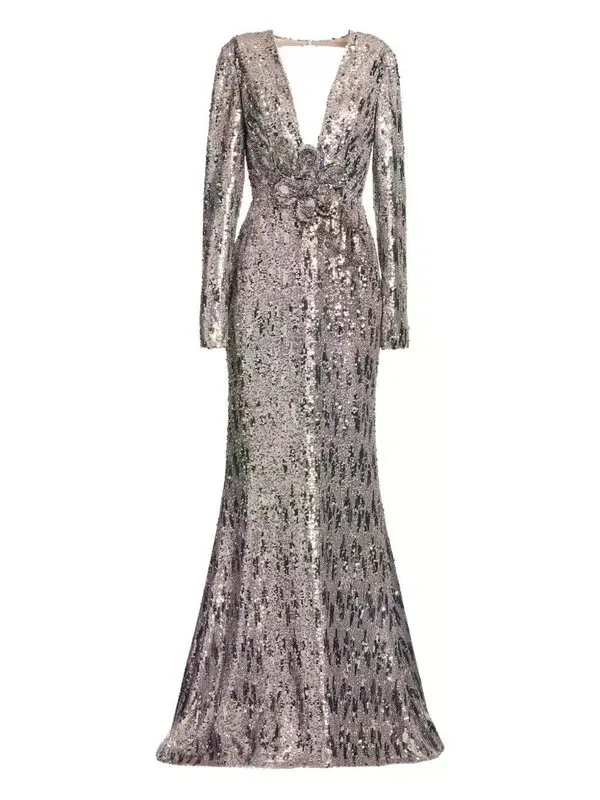 Elie Saab Sequin-embellished Open-back Maxi Dress - Grey