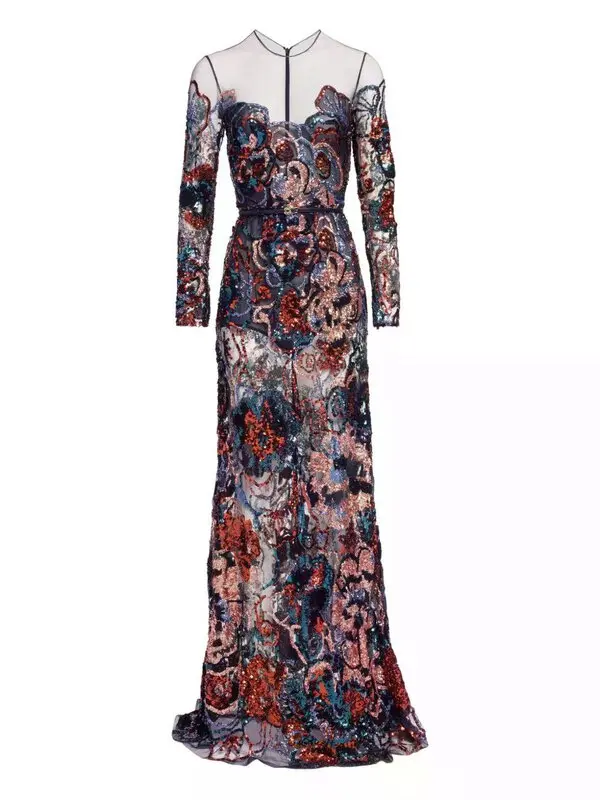 sachin and babi light blue dress Elie Saab Floral-Embroidered Sequin Maxi Dress