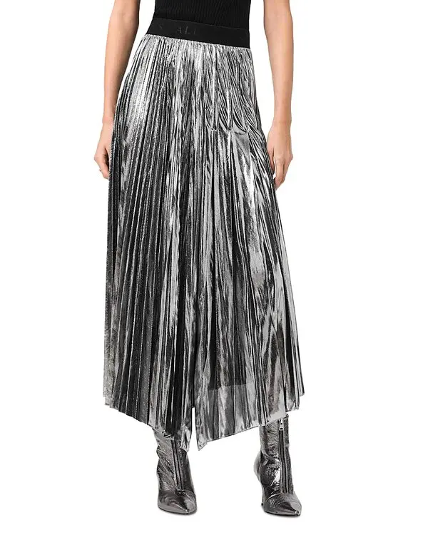 ALLSAINTS Jax Pleated Midi Skirt - Metallic Silver