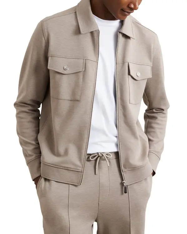 REISS Medina Interlock Zip Through Overshirt - Taupe Brown