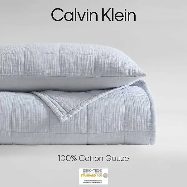 Calvin Klein Cotton Gauze Solid 3 Piece Quilt Set, Queen - Dawn Blue