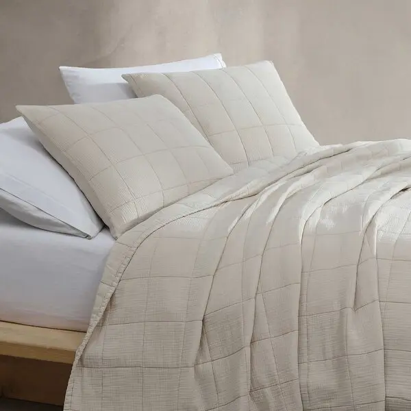 Calvin Klein Cotton Gauze Solid 3 Piece Quilt Set, Queen - Light Beige