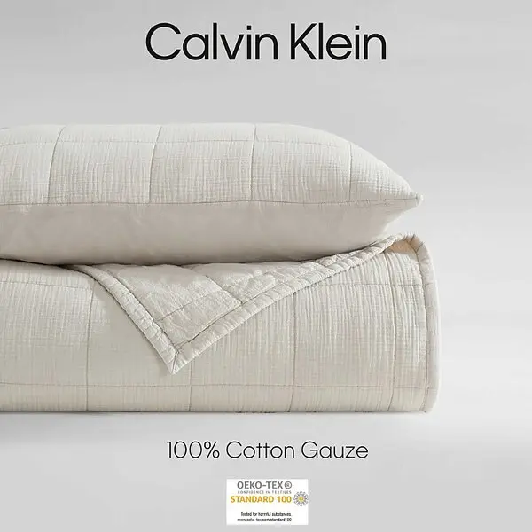 Calvin Klein Cotton Gauze Solid 3 Piece Quilt Set, Queen - Light Beige