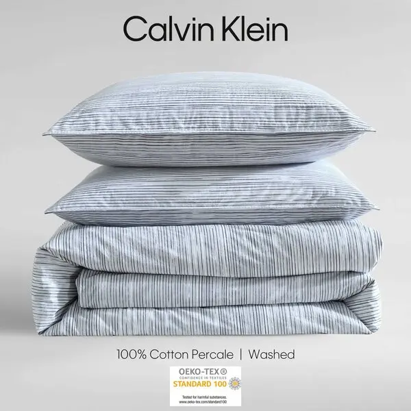 Calvin Klein Washed Percale Wavy Stripe 3 Piece Comforter Set, Queen