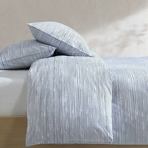 Calvin Klein Washed Percale Wavy Stripe 3 Piece Comforter Set, Queen - Blue Graphite