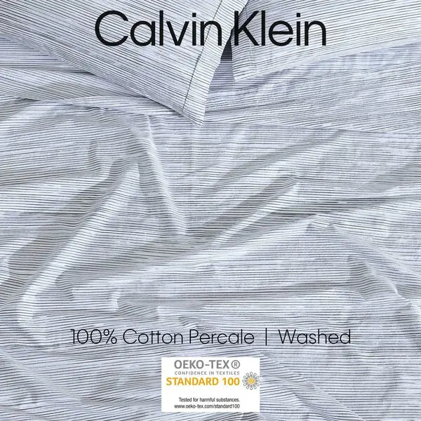 Calvin Klein Washed Percale Wavy Stripe 4 Piece Sheet Set, Queen - Blue Graphite