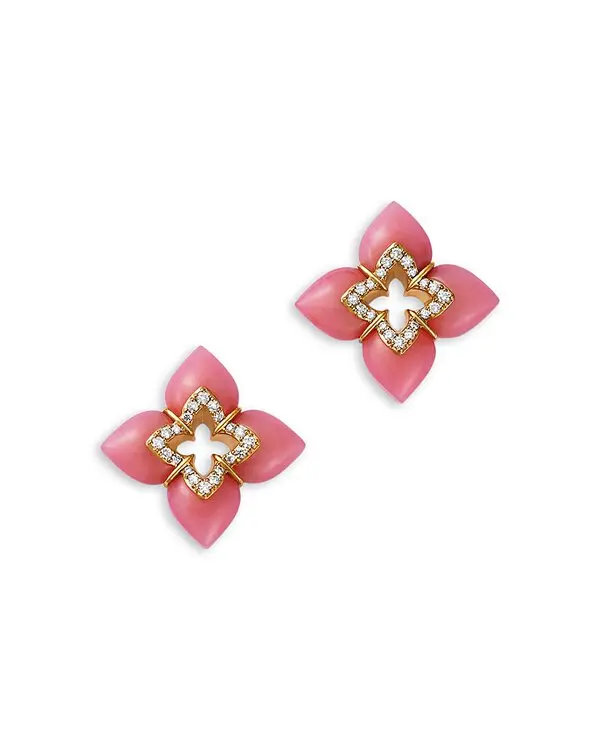 Roberto Coin 18k Yellow Gold Cabochon Pink Opal & Diamond Flower Stud Earrings - Gold/pink