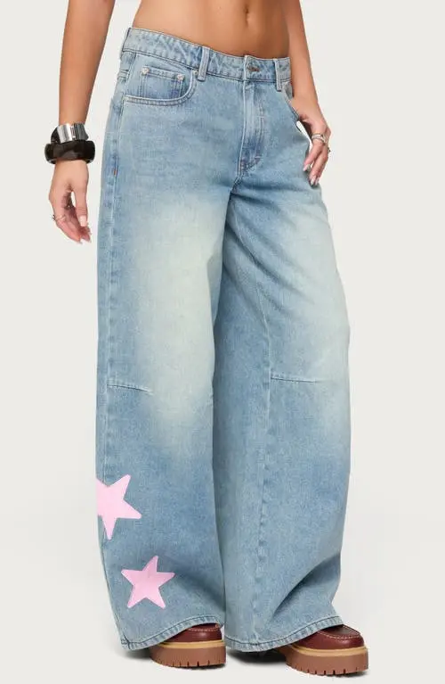 EDIKTED Star Embellished Wide Leg Jeans - Light-blue