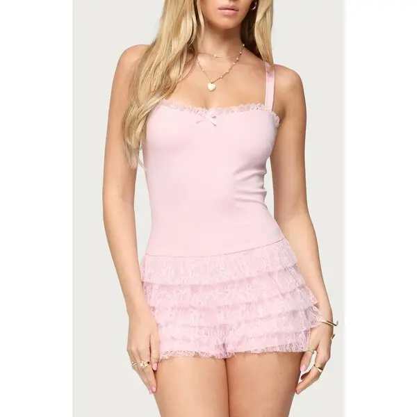 EDIKTED Lacey Ruffle Romper - Light-pink