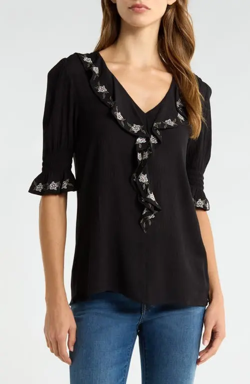 Bobeau Embroidered Ruffle Top