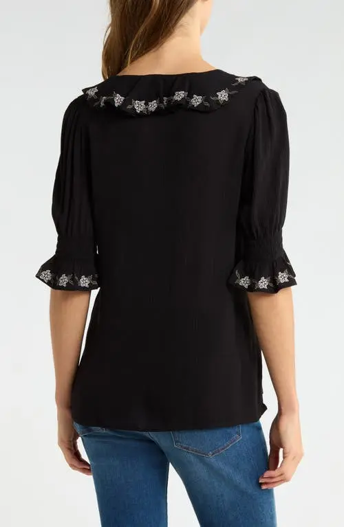 Bobeau Embroidered Ruffle Top