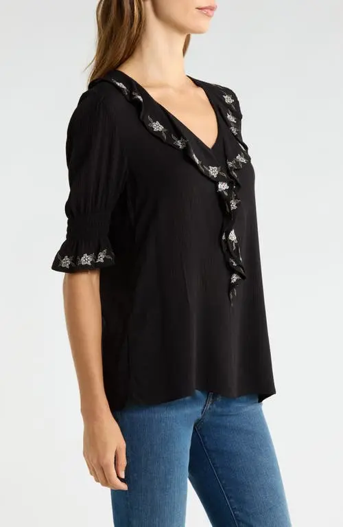 Bobeau Embroidered Ruffle Top