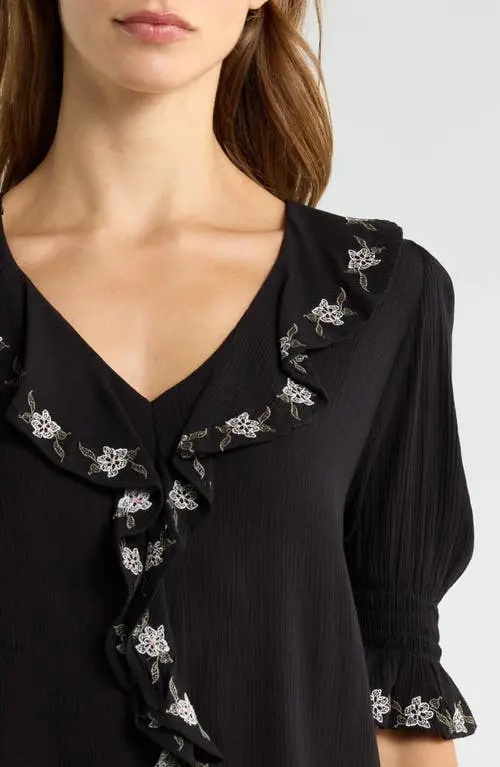 Bobeau Embroidered Ruffle Top