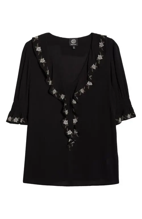Bobeau Embroidered Ruffle Top