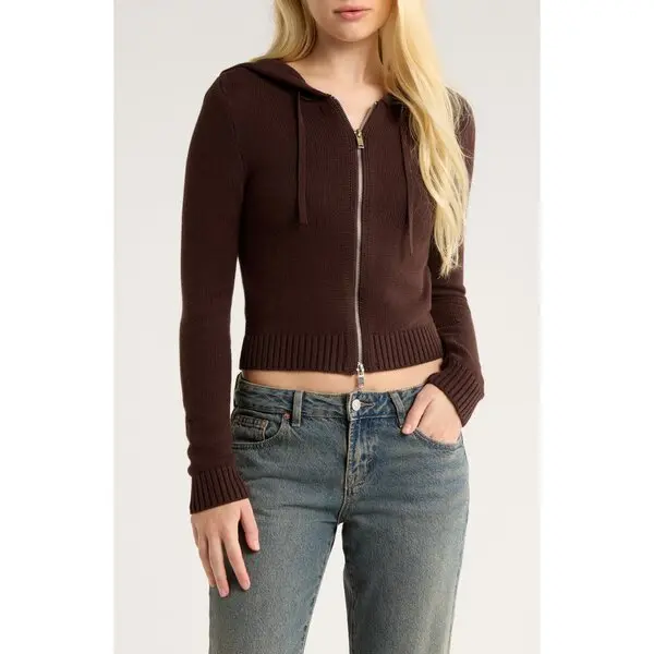 PACSUN Skylar Front Zip Sweater Hoodie - Brown