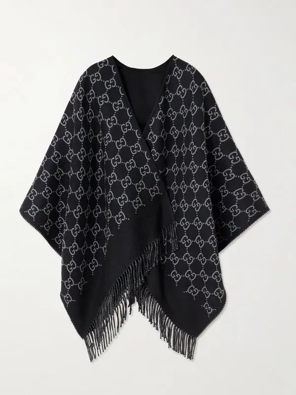 Gucci Fringed Wool-jacquard Wrap - Black