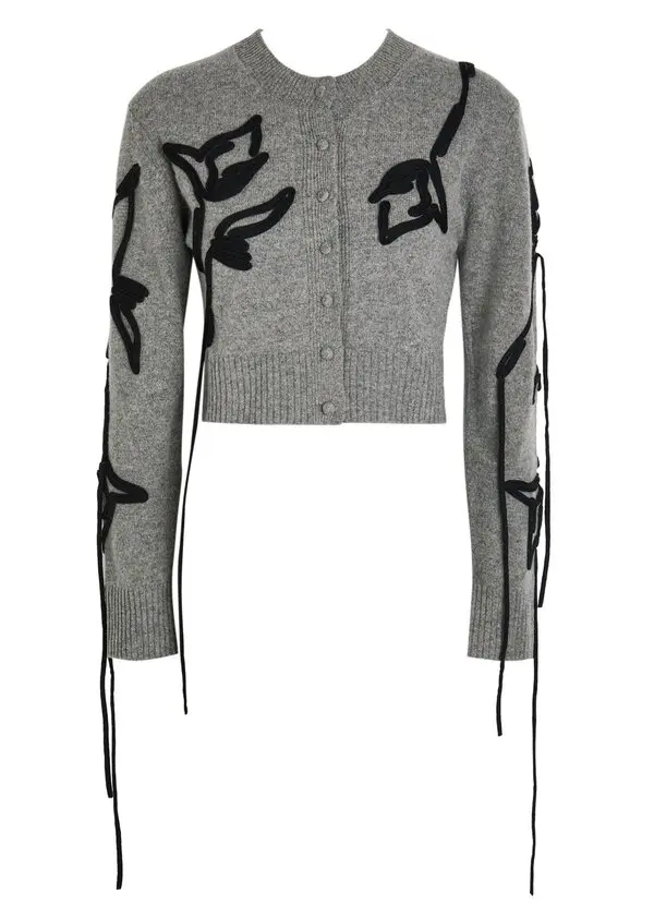 Erdem Floral-appliquéd Merino Wool Cropped Cardigan - Grey