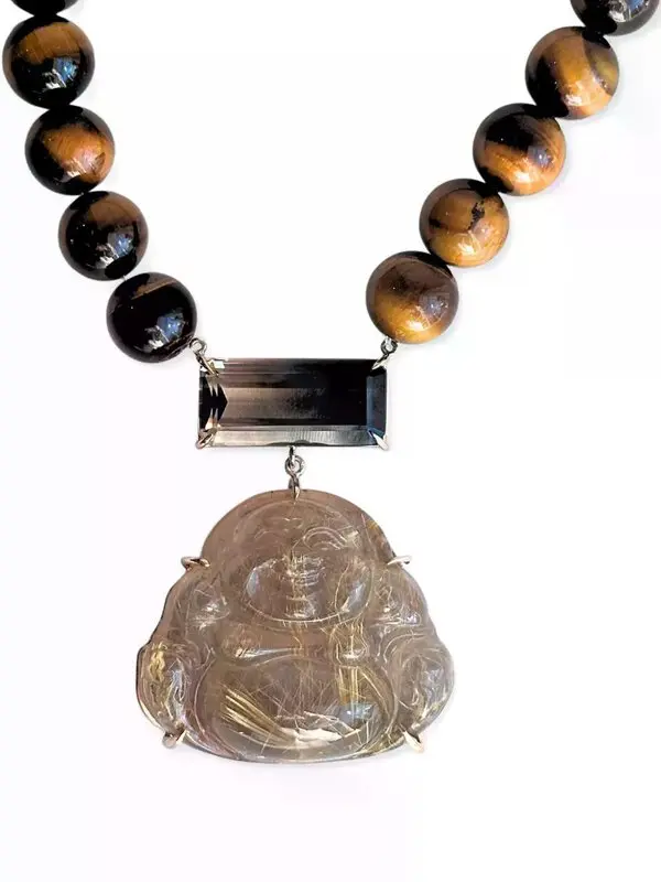 Jia Jia 14k White Gold Smoky Quartz And Tiger's Eye Buddha Necklace - Brown