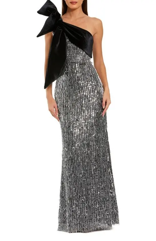 Mac Duggal One-shoulder Sequin Gown With Bow