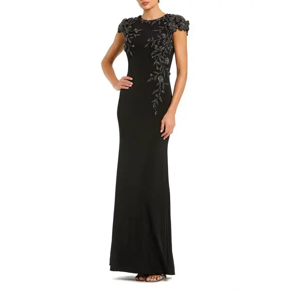 Mac Duggal Jersey Fitted Gown With Beaded Flowers - Black Multi