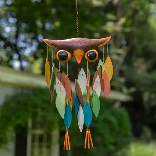 UNCOMMON GOODS Owl Wind Chime - Multicolored Glass Feathers