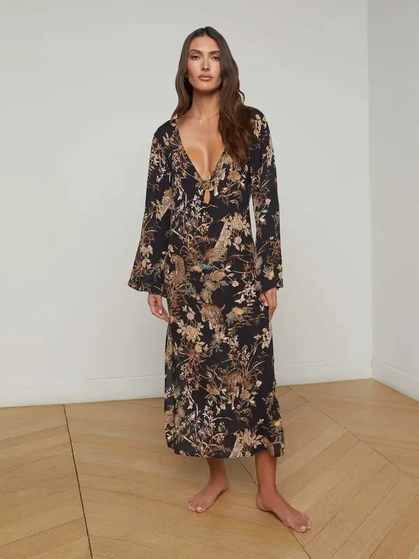 L'Agence Sara Maxi Cover-up Dress - Black Multi Tapestry Jungle Print
