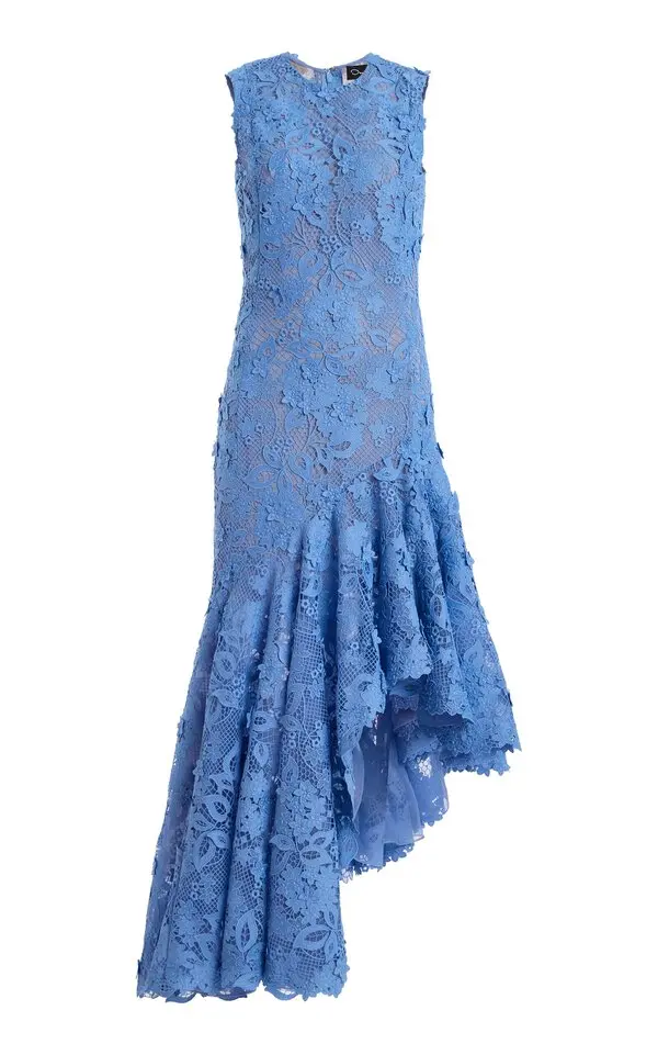 Oscar De La Renta Porcelain Flowers Guipure Lace Midi Dress - Blue