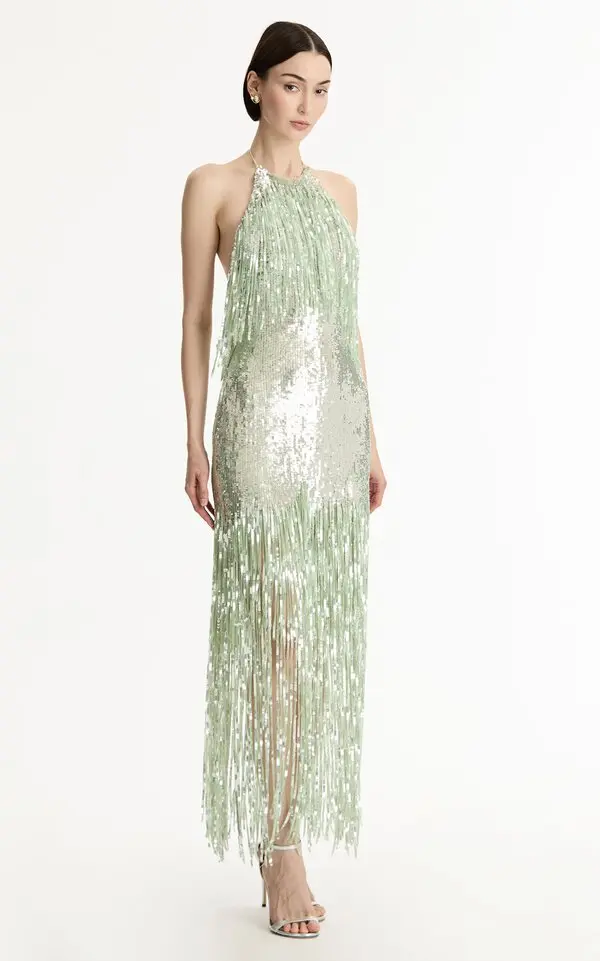 Oscar De La Renta Sequined Fringed Cocktail Midi Dress - Green |  Editorialist