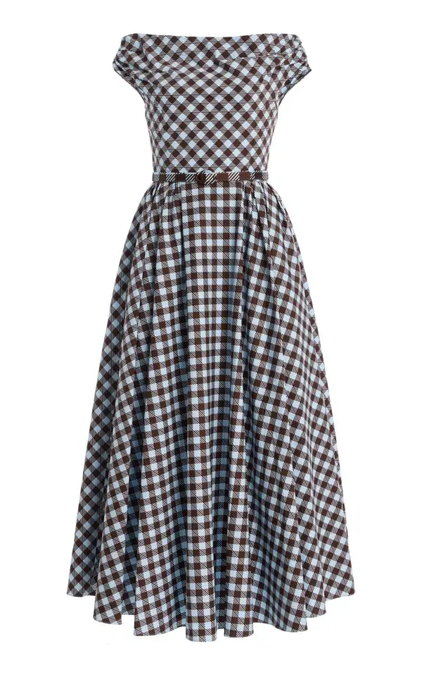 Oscar De La Renta Belted Off-the-shoulder Gingham Poplin Midi Dress - Plaid
