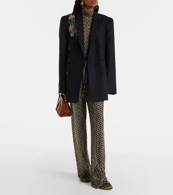Dries Van Noten Embellished Printed Sheer Jersey Pants