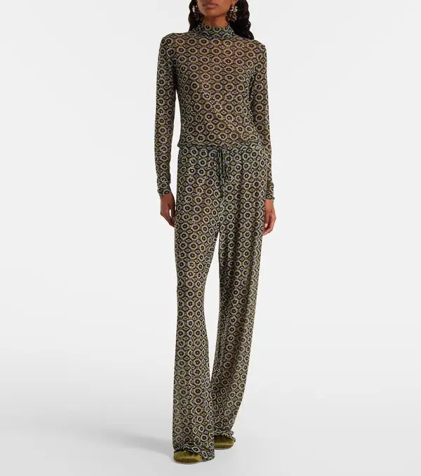 Dries Van Noten Embellished Printed Sheer Jersey Pants