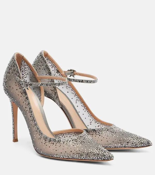 GIANVITO ROSSI Rania 105 Embellished Suede Mary Jane Pumps - Silver