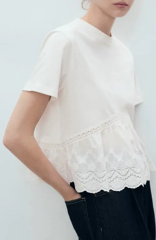 Mango Embroidered Eyelet Hem Cotton T-shirt