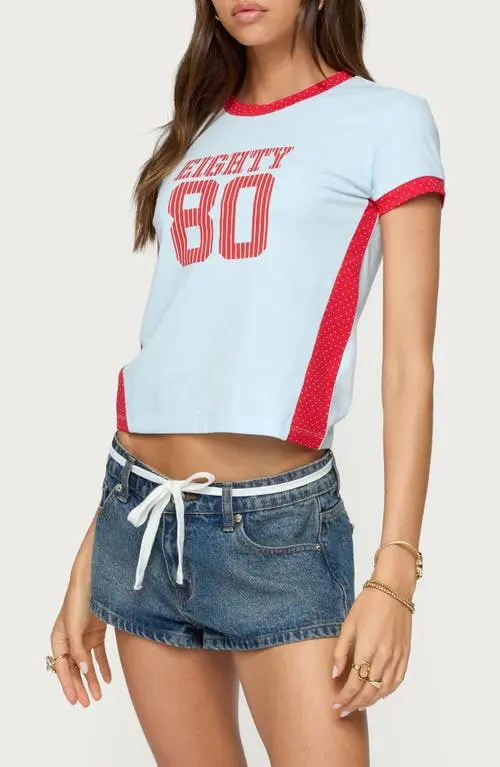 EDIKTED Polka Dot Trim Crop T-shirt - Light-blue