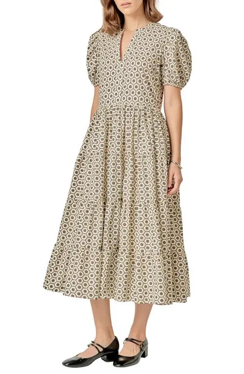 English Factory Printed Puff Sleeve Midi Dress