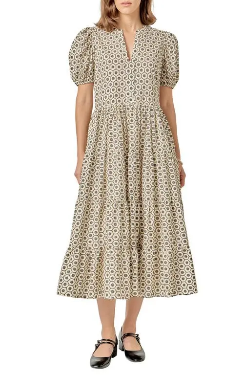 English Factory Printed Puff Sleeve Midi Dress
